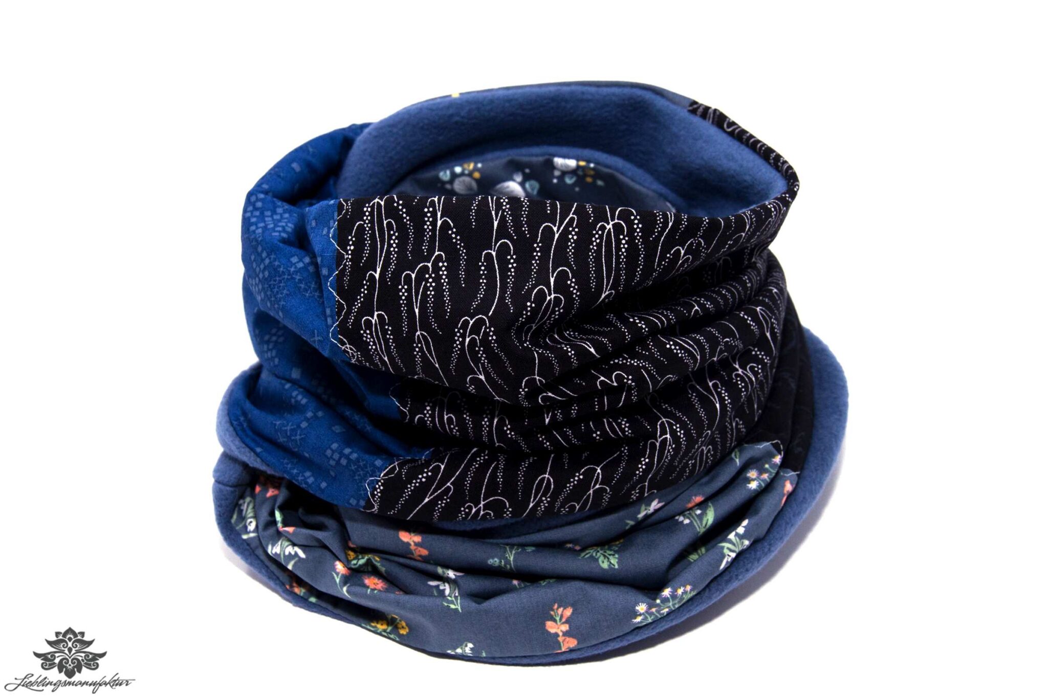 Blauer Schal Fleece-Loop im Patchwork-Design für den Winter