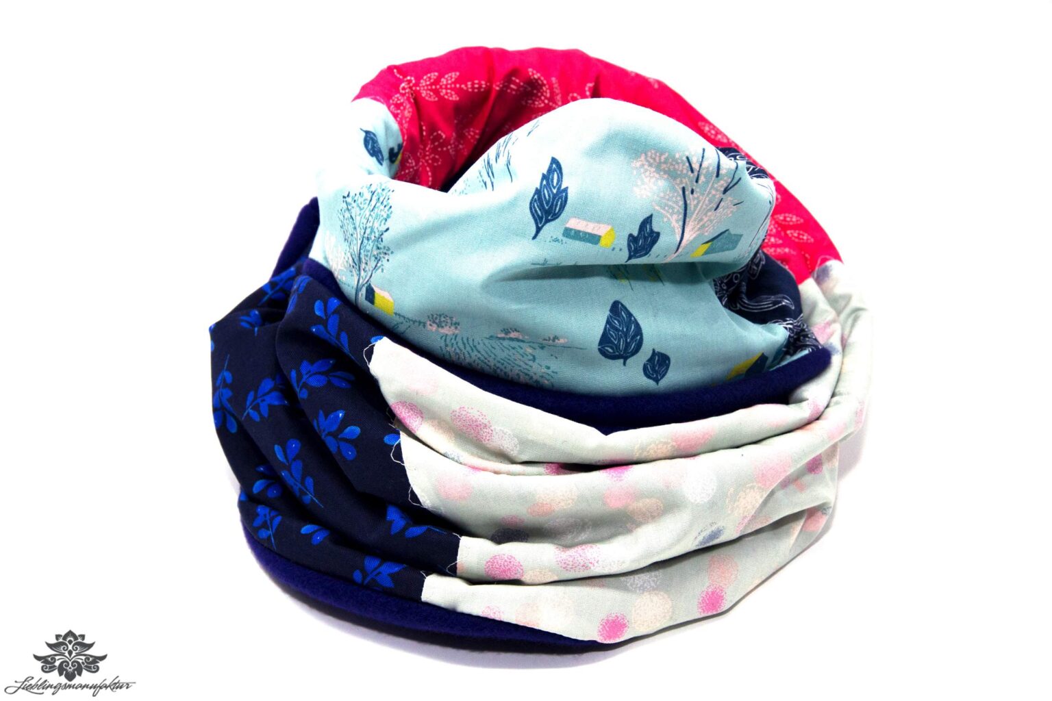 Blauer Schal Fleece-Loop im Patchwork-Design für den Winter