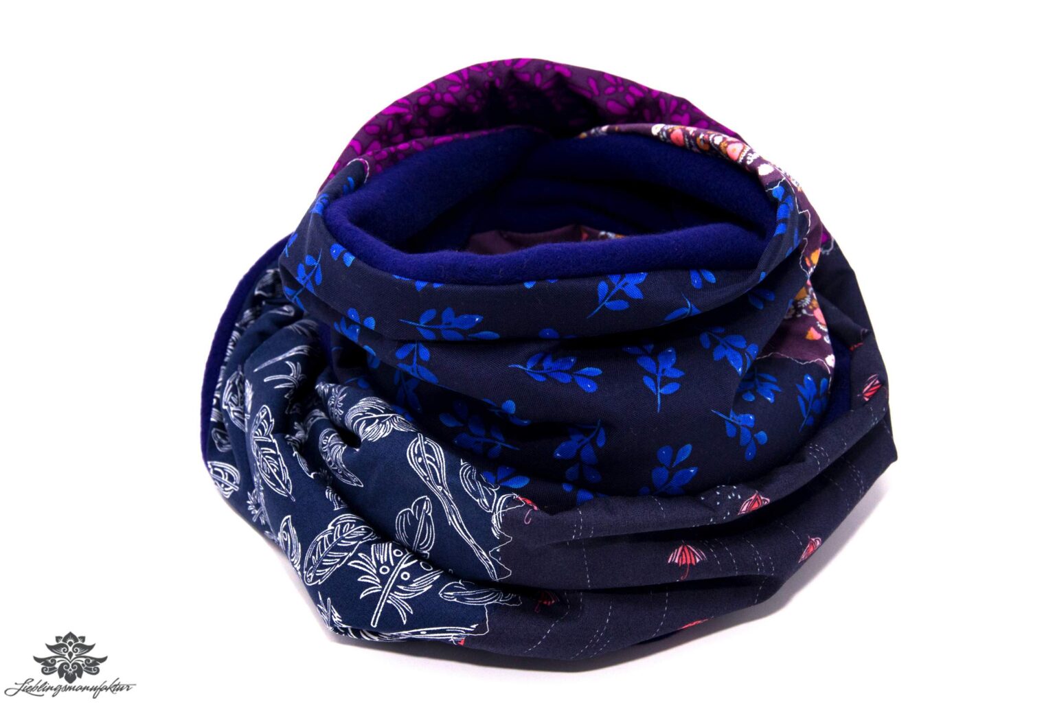 Blauer Schal Fleece-Loop im Patchwork-Design für den Winter